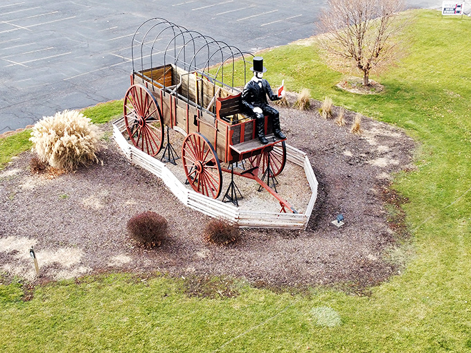 Bird's eye brilliance! This aerial view showcases the wagon's perfect landscaping&mdash;like a museum exhibit that escaped outdoors and settled in for the long haul.