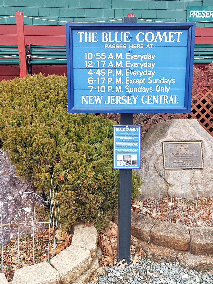 The Blue Comet schedule sign preserves the memory of New Jersey's most famous luxury train. Those precise departure times represent an era when watches were set to train schedules.