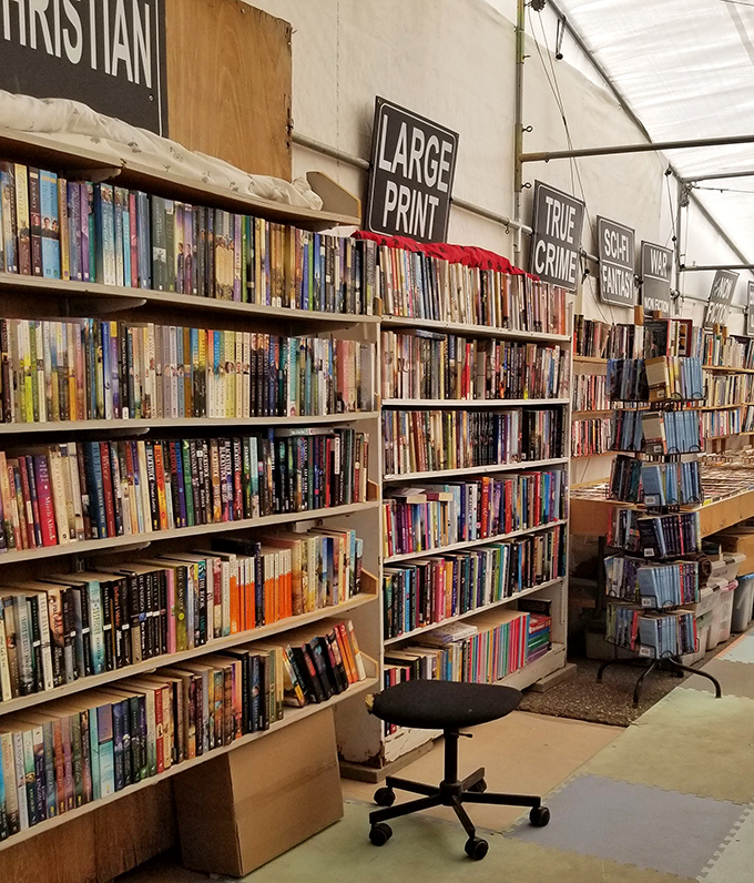 Bookworms rejoice! Neatly organized shelves offer literary treasures categorized for easy browsing &ndash; from "Christian" to "True Crime."