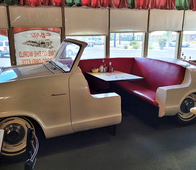 Not just a booth&mdash;a dining experience! This converted classic car seating proves Crazy Otto's understands eating is as much about atmosphere as food.