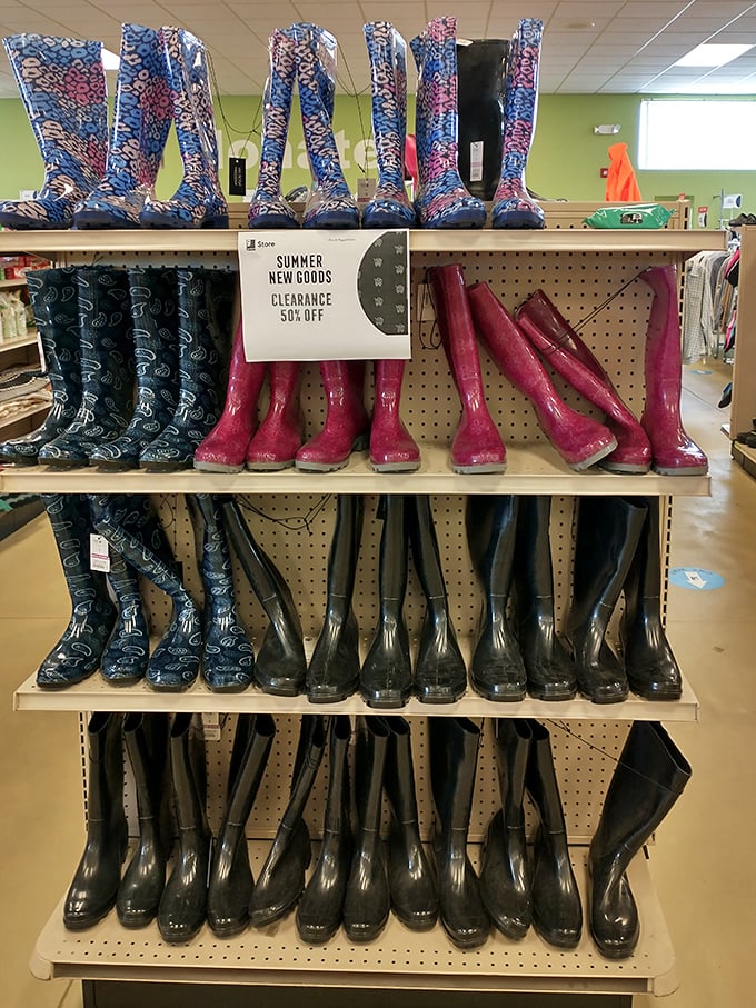 Rain boots in every color stand ready to tackle Maine's weather, which changes more often than your mood.