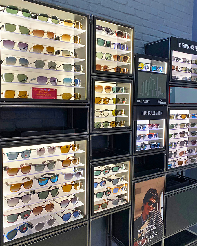 Sunglasses galore! This wall of shades offers protection from both UV rays and fashion faux pas at outlet prices.