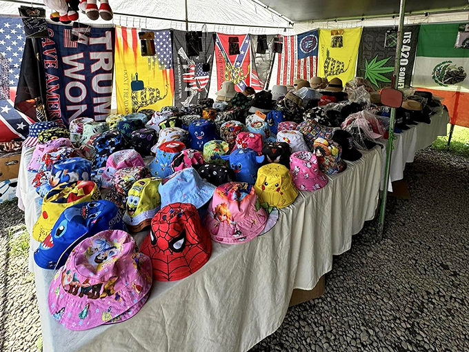 Character bucket hats and political flags share tent space peacefully&mdash;only at flea markets does retail democracy truly thrive.