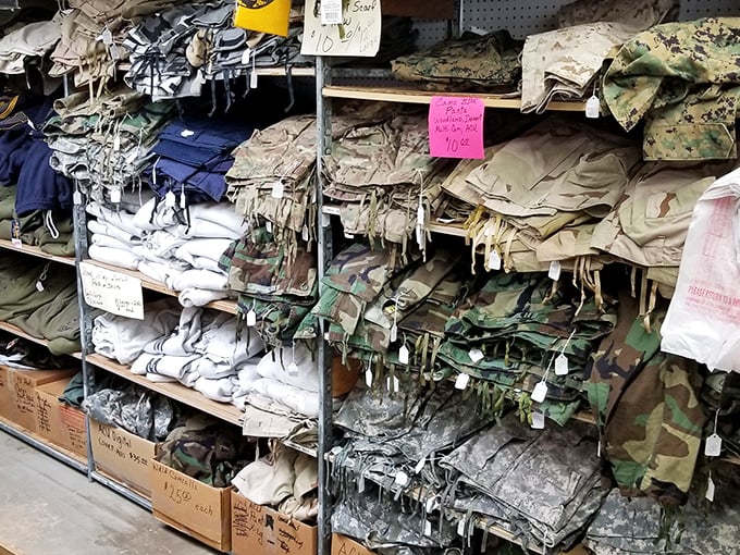 Military surplus paradise where practical meets tactical. These camouflage uniforms stand ready for everything from paintball to serious outdoorsmanship.