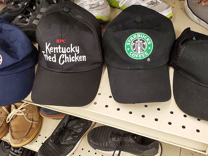 Corporate America's lost and found department. These caps once belonged to baristas and fast food workers before finding retirement here.