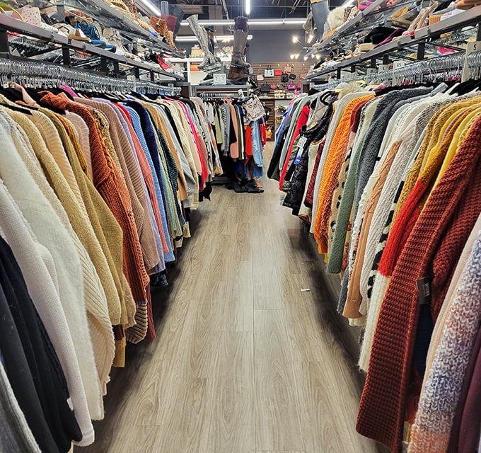A textile rainbow awaits in the sweater section, where cozy cardigans and pullovers stand ready for Ohio's famously unpredictable weather.
