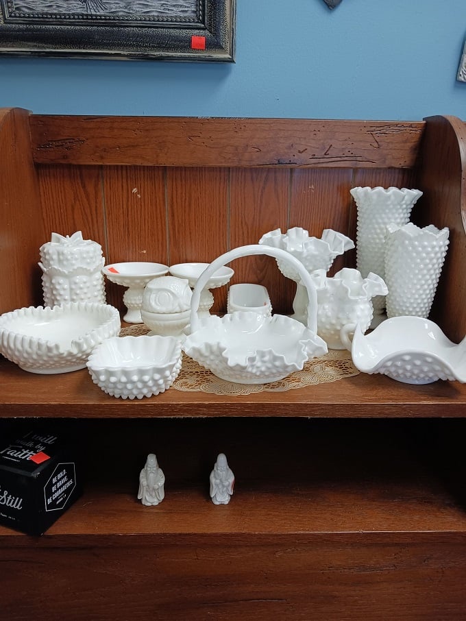 Milk glass magnificence! These hobnail treasures from grandma's era bring vintage charm without the antique store price tag.