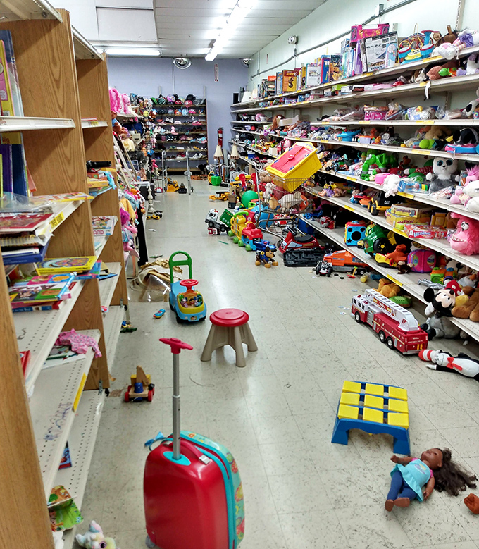 The toy section: where childhood dreams get recycled, from barely-touched stuffed animals to fire trucks waiting for their next emergency.