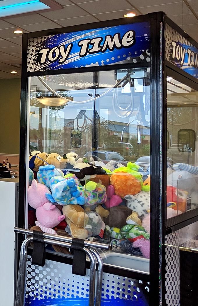 The "Toy Time" claw machine&mdash;where hope springs eternal and stuffed animals wait patiently for their forever homes. Childhood nostalgia in arcade form.
