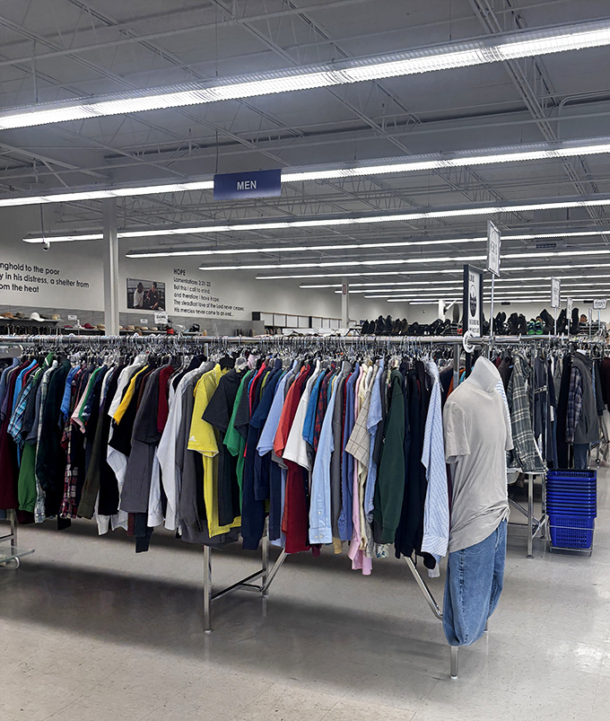 The men's department offers everything from casual tees to office-ready button-downs, organized by size for efficient treasure hunting.