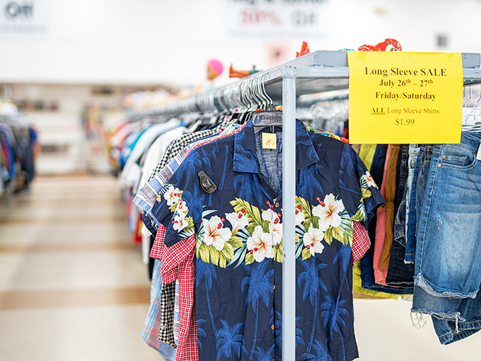 Hawaiian shirts hang like tropical flags among everyday denim&mdash;proof that someone's vacation wardrobe can become your next conversation-starting outfit.