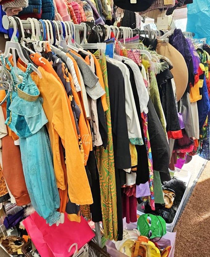 The clothing racks burst with vibrant vintage pieces, each hanger a portal to fashion eras your parents either regret or miss.