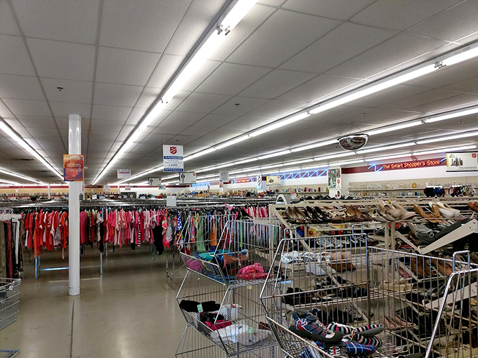 The rainbow of possibilities hangs in orderly rows, each garment whispering, "Take me home and give me a second act in your wardrobe drama."