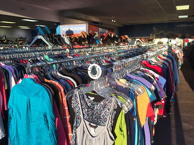 Clothing racks extending like a fabric forest where your next favorite outfit is definitely hiding somewhere in there.