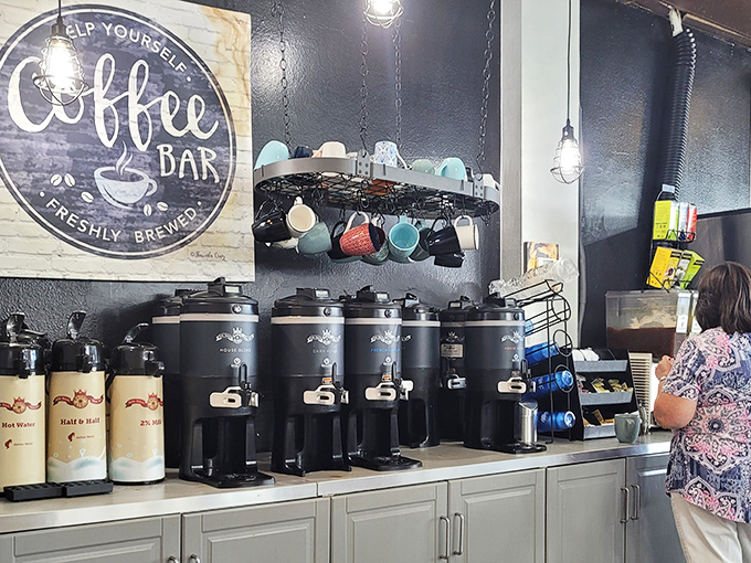 The self-serve coffee station isn't just a beverage stop—it's morning salvation in multiple flavors, ready to transform sleepy humans into functioning members of society.
