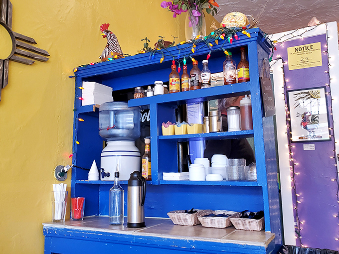 The blue condiment station isn't just functional&mdash;it's a desert oasis of flavor enhancers. Those string lights add a touch of everyday magic. 