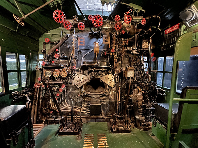 The locomotive cab's dizzying array of valves, gauges and controls makes modern car dashboards look positively minimalist by comparison.