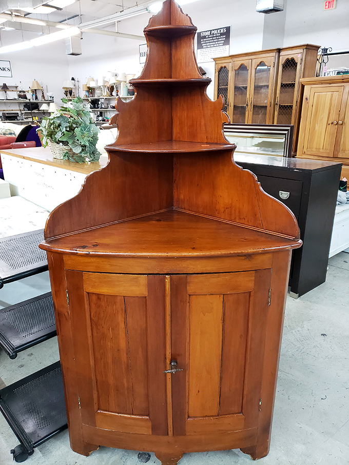 This corner cabinet has more character in its woodgrain than most modern furniture has in its entire existence.