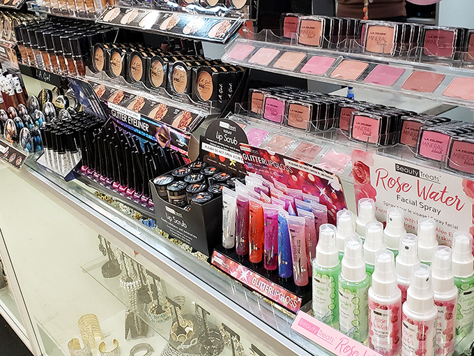 Cosmetics display that rivals department store counters without the intimidating salespeople or heart-stopping prices. Beauty democracy at its finest.