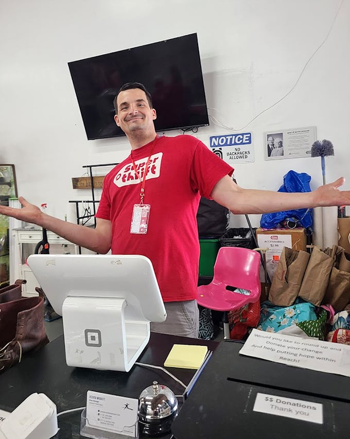 The friendly face of thrift! Staff members bring enthusiasm and knowledge to the treasure-hunting experience.