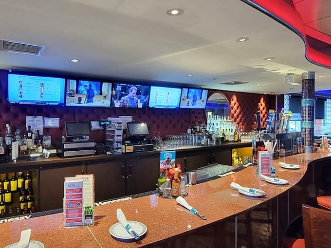 The bar gleams with promise while TVs ensure you won't miss the game during your meal.
