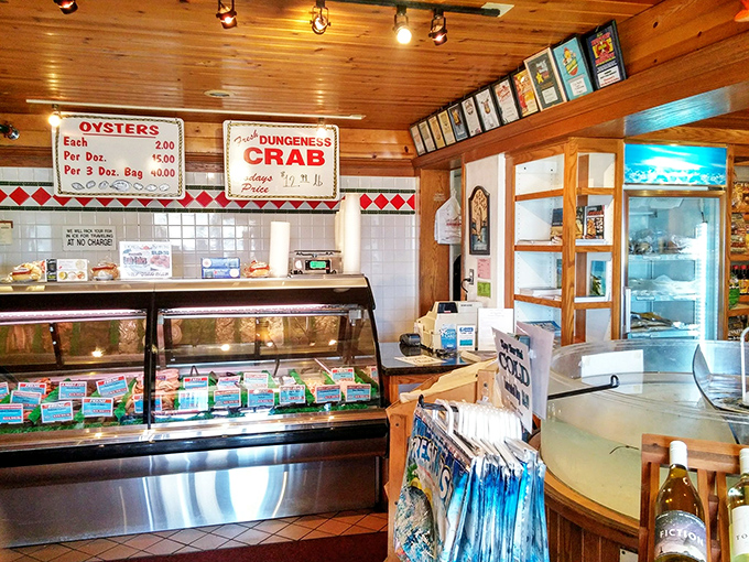 Behind these glass cases lies the morning's catch, a shimmering underwater rainbow waiting to leap onto your plate.