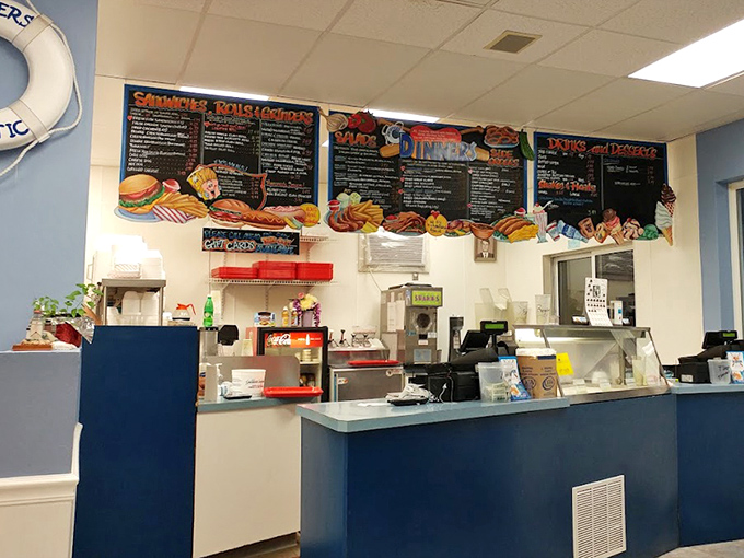 At the counter, colorful menu boards showcase decades of seafood expertise, tempting you to order one of everything.