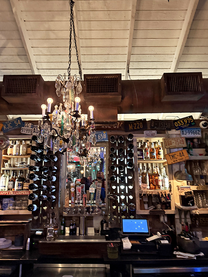 Where chandeliers meet license plates &ndash; this bar's decor philosophy seems to be "yes, and" rather than "either/or."