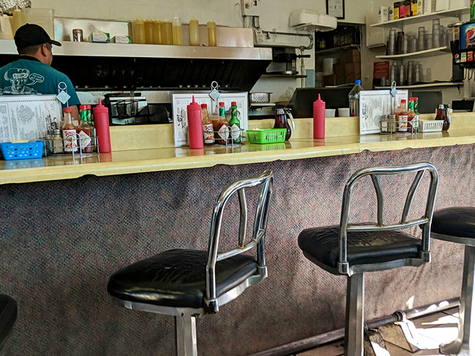 Counter seats: where strangers become neighbors and neighbors become friends. The stainless steel backdrop is just setting the stage for Tucson's morning social club.