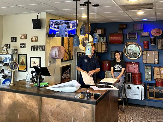 Where maritime hospitality begins! The welcoming counter area features that signature boat-themed d&eacute;cor that makes Captain James an unforgettable Baltimore destination.