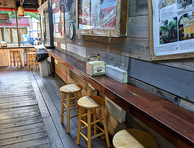Rustic counter seating that says, "Stay awhile, the ocean isn't going anywhere and neither should you."