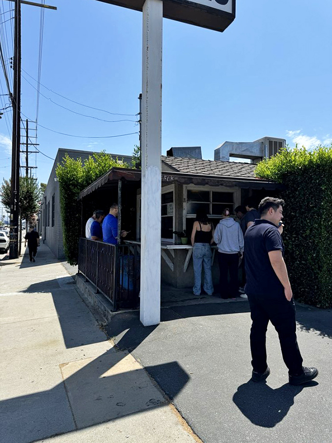 The line forms early at Bill's, where hungry patrons gather under the California sun, united by the universal language of great burgers.