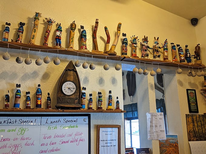 Native American kachina dolls line the shelves, adding local cultural touches to a space that feels both timeless and distinctly Southwestern.