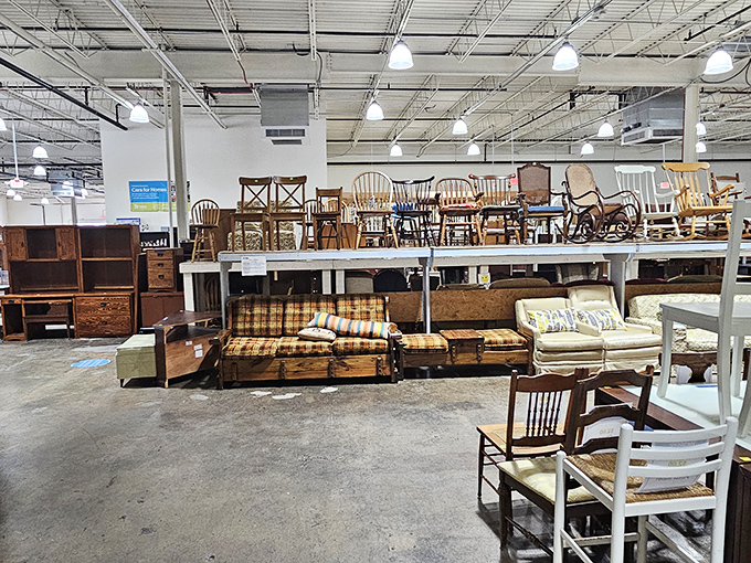 Chair-apalooza! A gathering of seating options spanning decades of design trends. That wicker peacock chair is practically begging for a '70s revival.