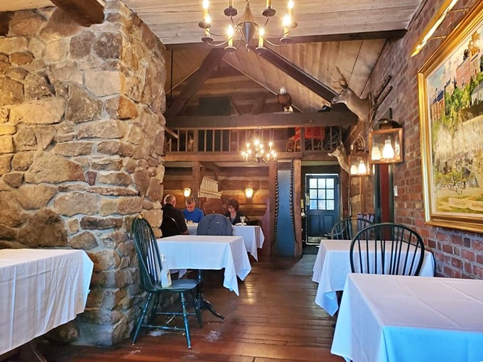 Stone pillars, timber beams, and mounted antlers create a dining room that feels authentically, wonderfully old-world American.