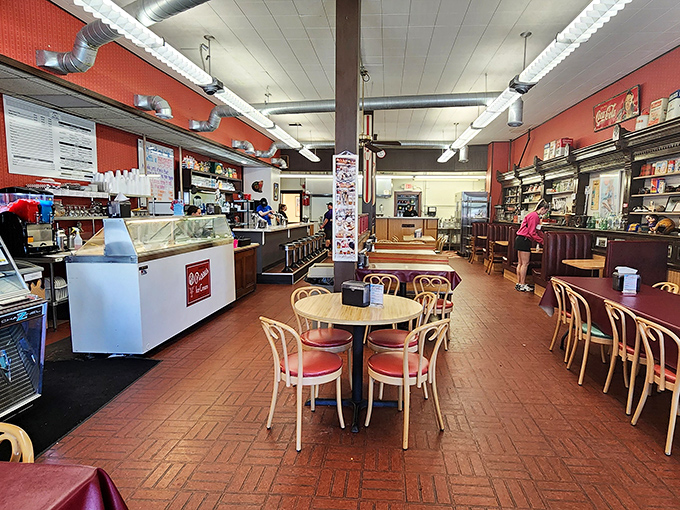 Brick floors and bentwood chairs create the perfect stage for phosphate performances. This isn't just a restaurant&mdash;it's a living museum of American dining.