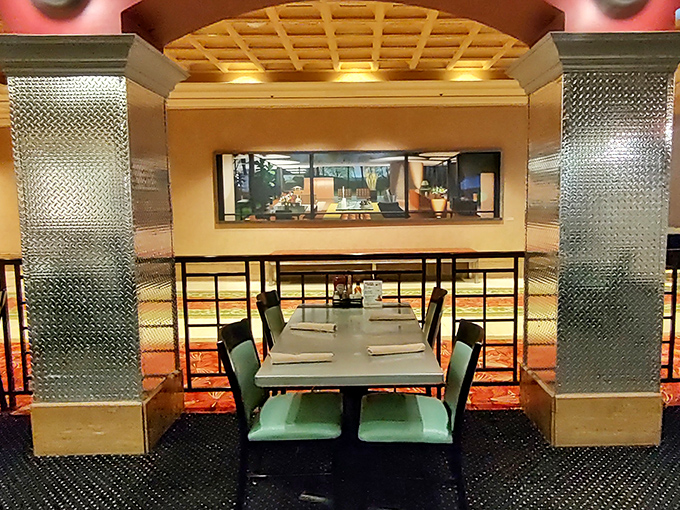 Architectural elements frame dining spaces, creating semi-private nooks for the serious business of tackling plates that could double as small coffee tables.