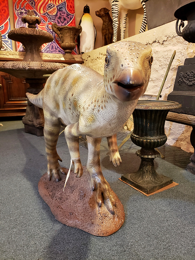 Not your average garden gnome! This prehistoric greeter looks ready to give tours of the Jurassic period or join you for dinner.