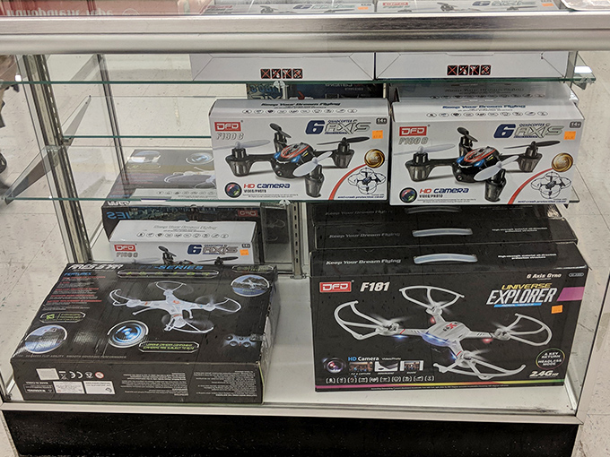 Tomorrow's technology at yesterday's prices – drones behind glass waiting for pilots with bargain-hunting instincts.