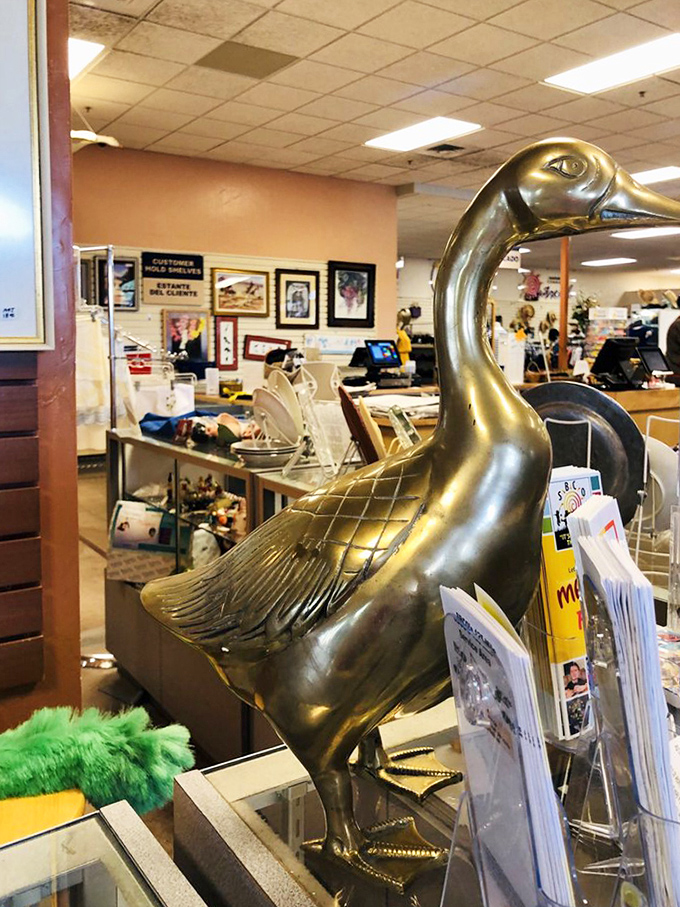 A golden goose indeed! This brass waterfowl stands guard near the checkout, silently judging your thrifting choices with its metallic gaze.