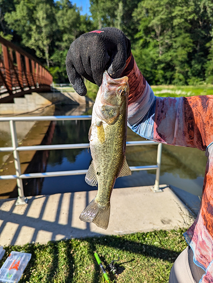 That bass is smiling almost as broadly as its proud captor&mdash;proof that fishing stories at Mt. Gilead don't need embellishment.