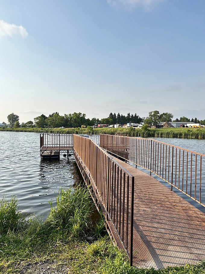 This fishing dock extends into peaceful waters where catching dinner costs nothing but time and patience.