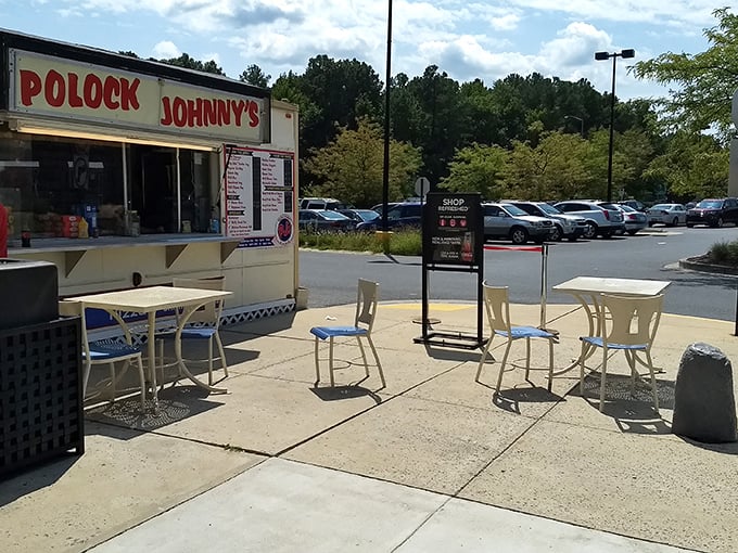 Polock Johnny's food stand—where shopping stamina is restored one delicious bite at a time, proving that serious bargain hunting requires serious fuel.