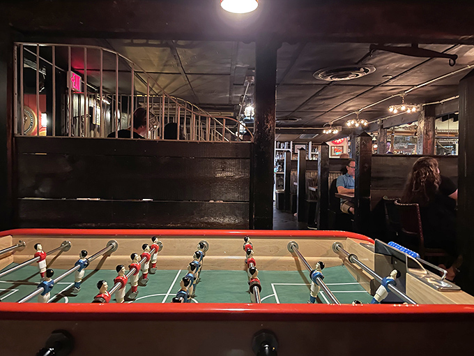 Even the foosball table feels vintage-cool, offering playful competition between courses. Dinner and a show, minus the tickets.