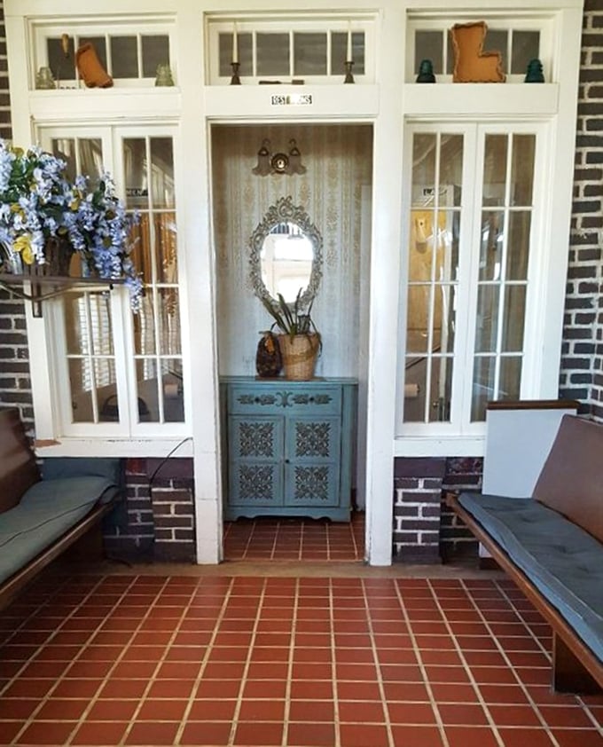The front porch entryway welcomes you like an old friend. Those benches invite you to sit a spell after your meal&mdash;you'll need the recovery time.