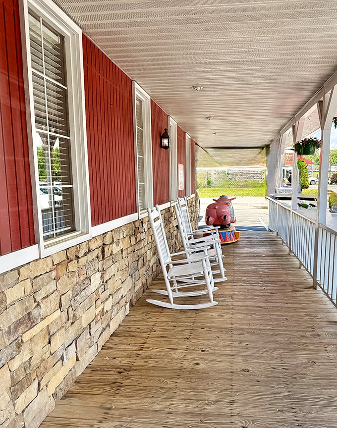 White rocking chairs line the front porch, offering the perfect spot to digest your meal while watching small-town life unfold at its own unhurried pace.