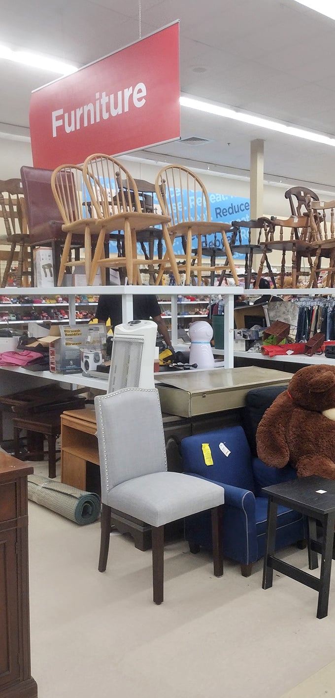 Furniture section: where dining chairs, recliners, and occasional tables live in hopeful anticipation of their forever homes.