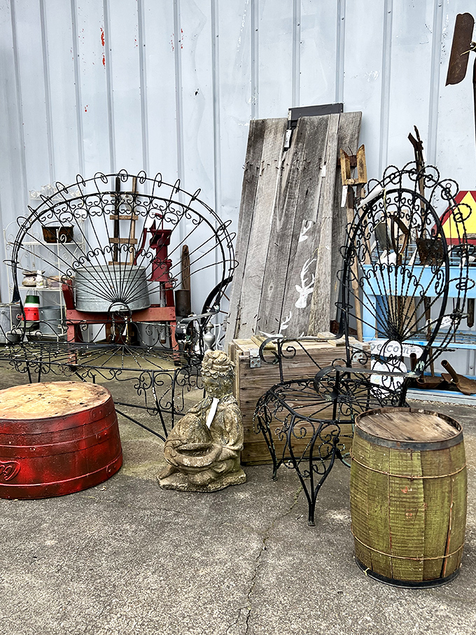Garden furniture with personality and patina. These metal pieces have weathered decades outdoors but still invite you to sit a spell.