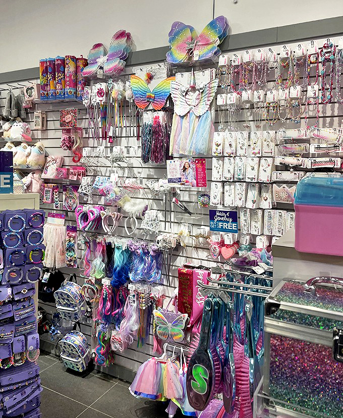 A kaleidoscope of sparkly accessories where little girls' dreams and parents' budgets find rare common ground. Butterfly wings included.