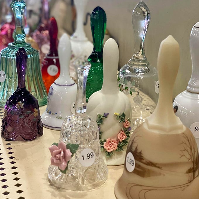 Delicate glass bells that ring with nostalgia. These dainty collectibles might have graced grandmother's curio cabinet before finding their way to this carefully arranged display.